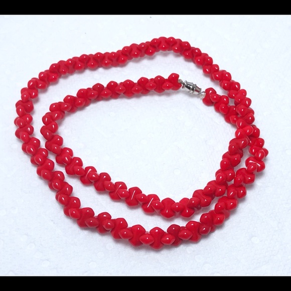 Jewelry | Vintage Red Glass Interlocking Bead Necklace With Twist ...
